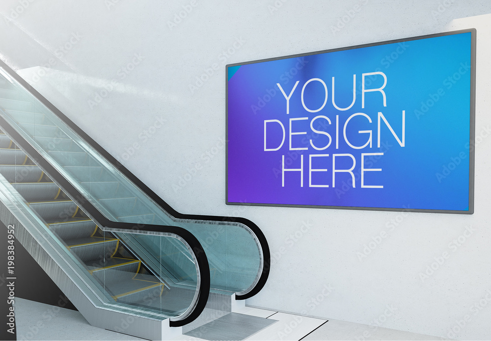Horizontal Advertising Billboard on Wall with Escalator Stock Template ...