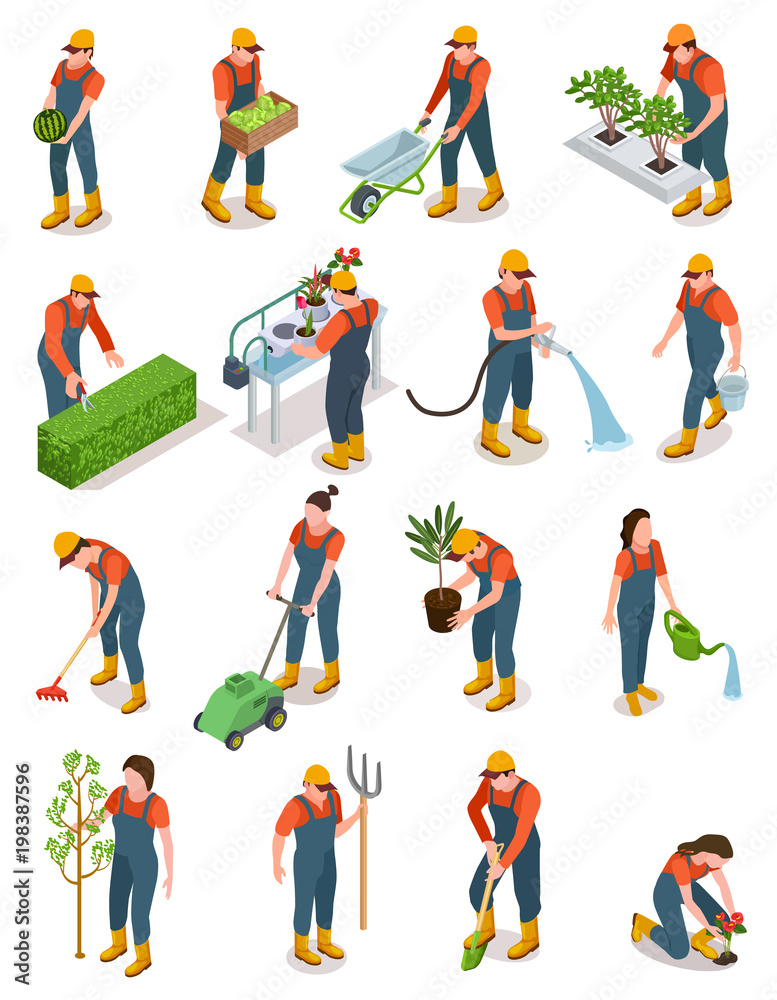 Isometric set of characters of gardeners, farmers and workers caring ...