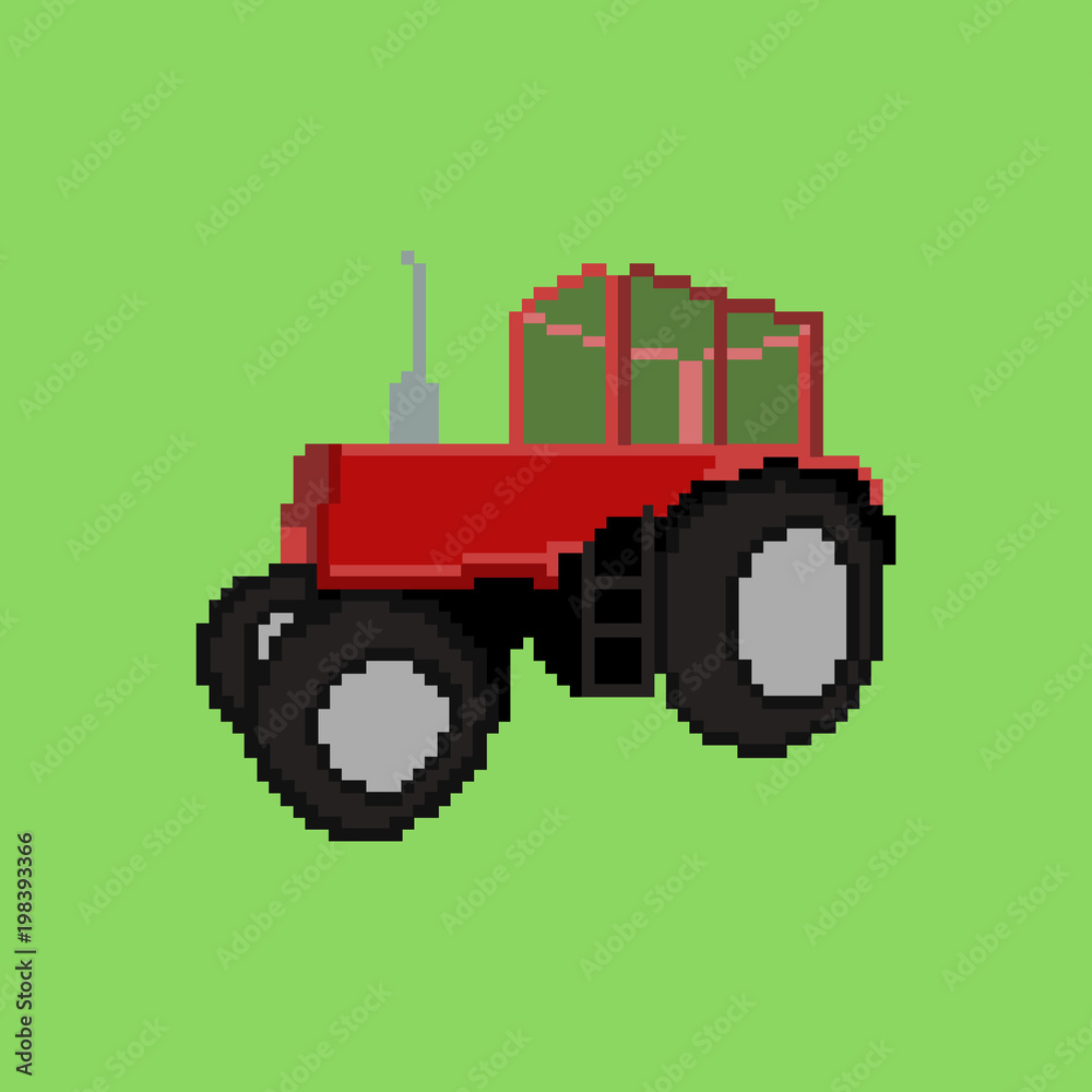 Tractor. Pixel vector illustration. 8 bit. Red tractor on a green ...