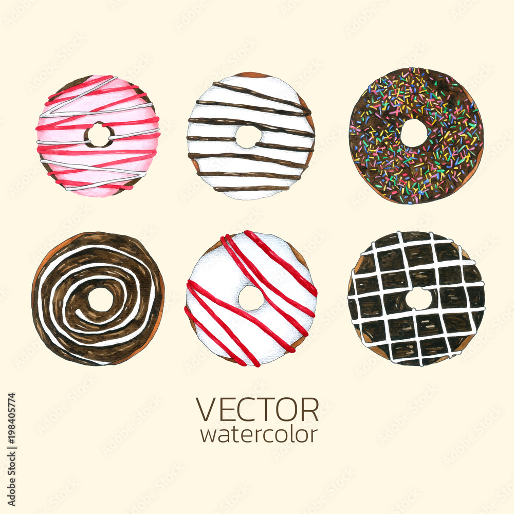 Set of watercolor Donuts. Vector watercolor, Hand drawn for Greeting ...