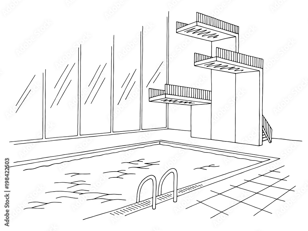 Swimming pool tower graphic black white interior sketch illustration ...