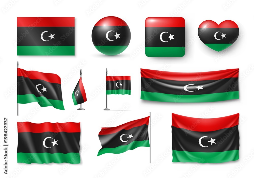 Set Libya flags, banners, banners, symbols, flat icon. Vector ...