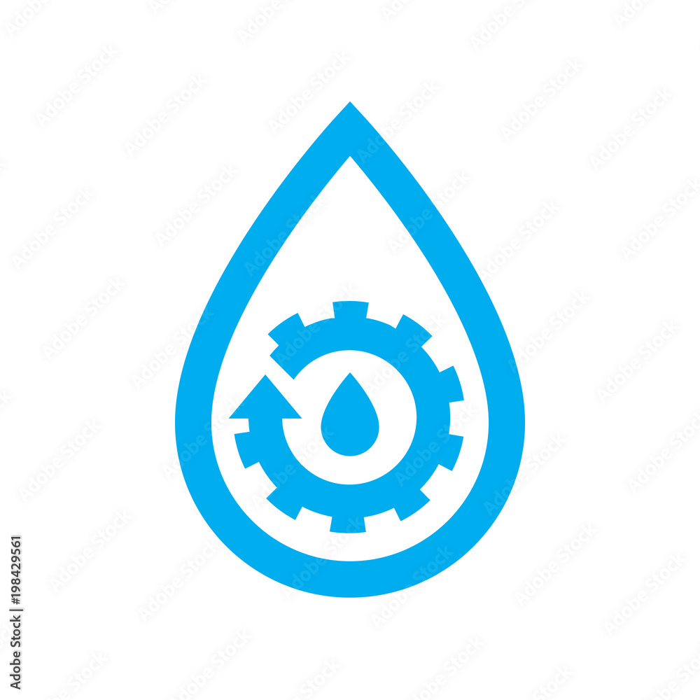 Water plumbing maintenance icon. Blue gear cog in water drop symbol ...