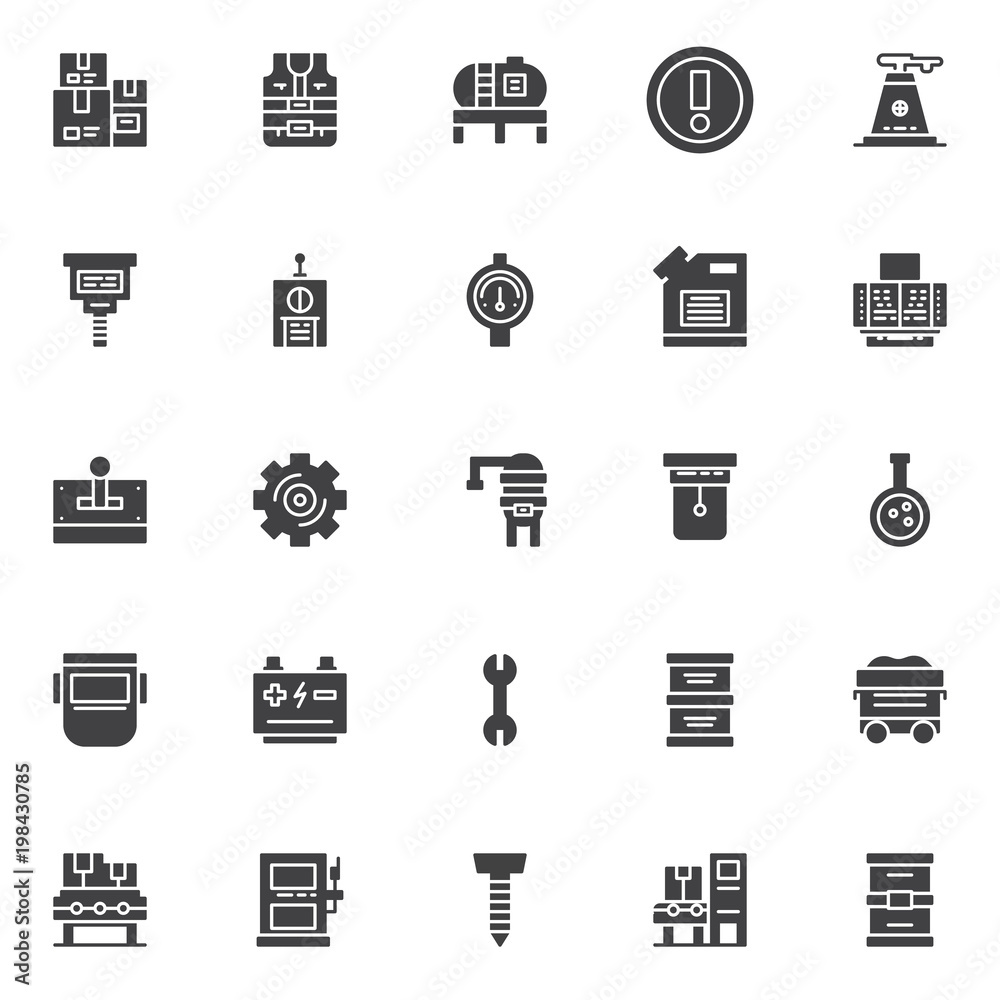Factory vector icons set, modern solid symbol collection, filled style ...