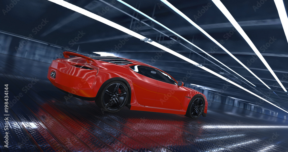Luxury concept sports car 3d model in a showroom. Reflections all ...