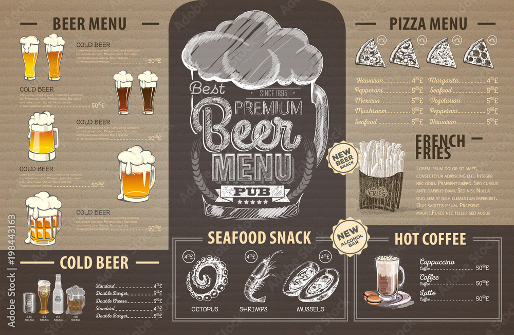 Vetor de Vintage beer menu design on cardboard. Restaurant menu do ...
