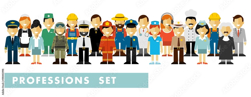 People occupation characters set in flat style isolated on white ... People occupation characters set in flat style isolated on white ...