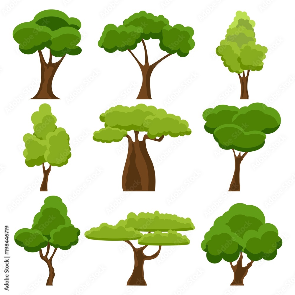 Set of flat stylized trees. Cartoon garden green tree. Nature ...