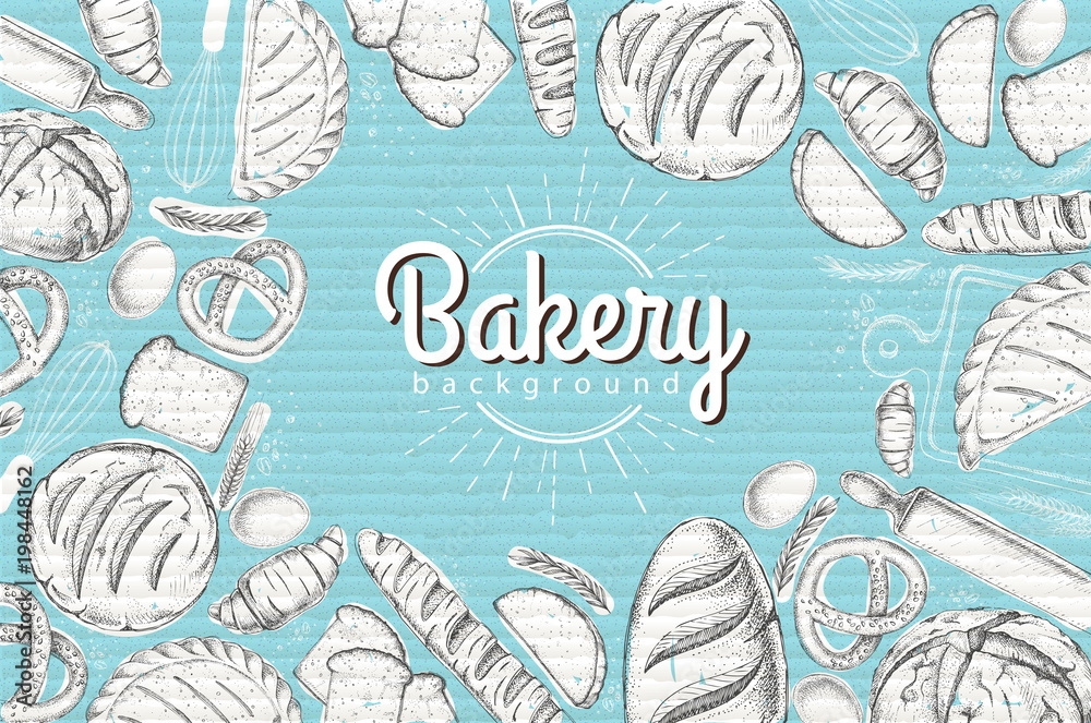 Bakery background. Top view of bakery products on cardboard background ...