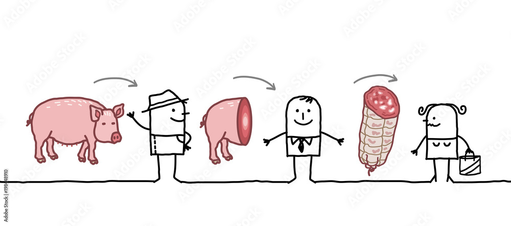 Cartoon Characters - Pork Production Chain Stock Vector | Adobe Stock