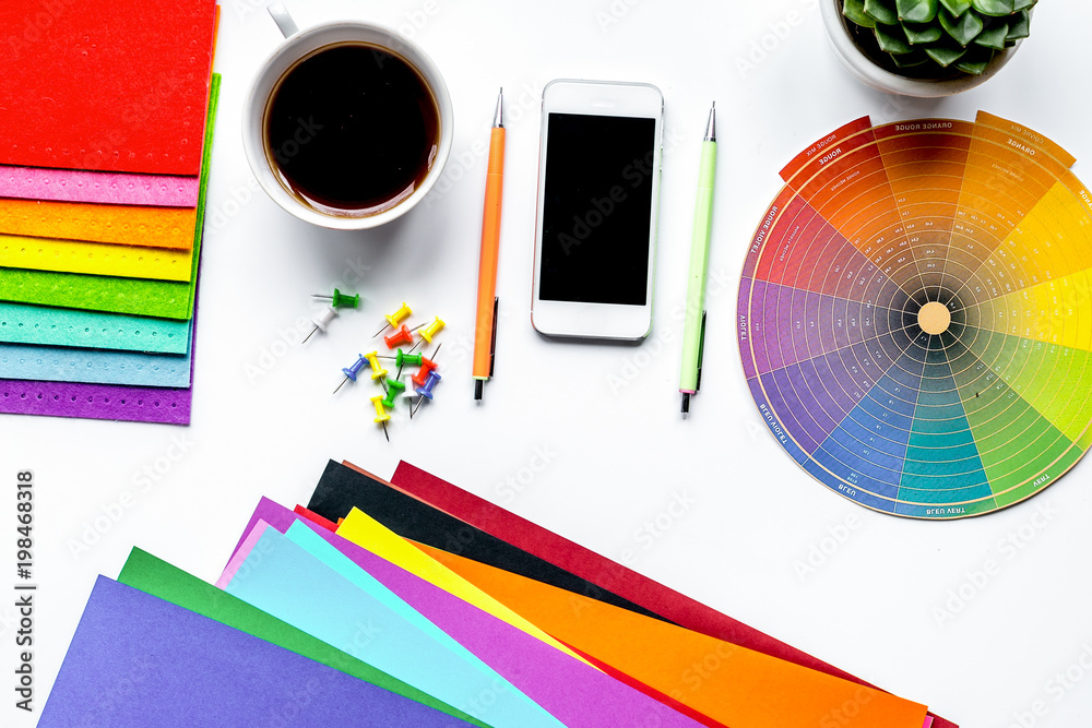 professional creative graphic designer desk on white background Stock ...