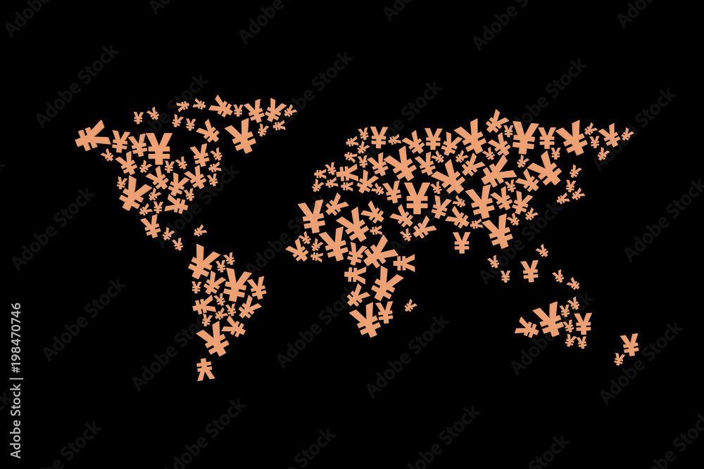 World map composed of currency symbols, global finance,renminbi Stock ...