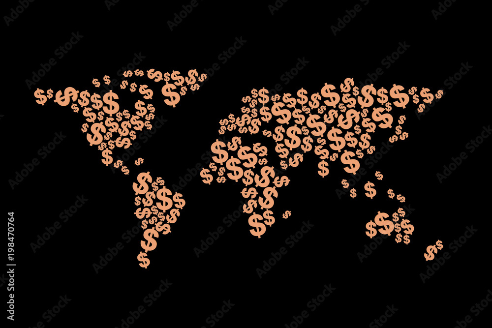 World map composed of currency symbols, global finance,dollar Stock ...