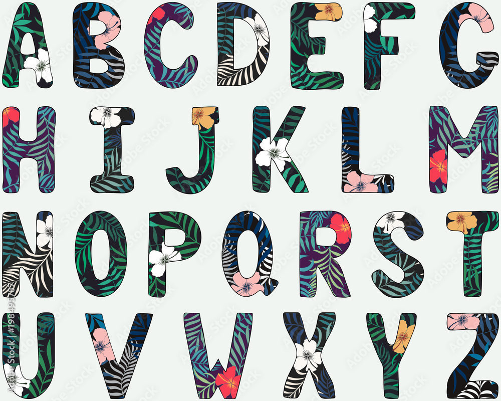 English alphabet. Capital letters. Hand drawn tropical font Stock ...