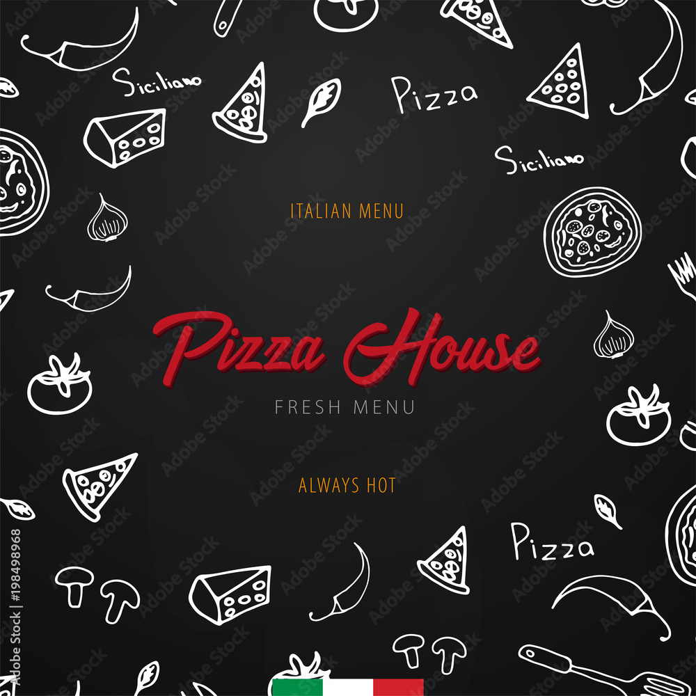 Pizza food menu for restaurant and cafe. Design banner with hand-drawn ...