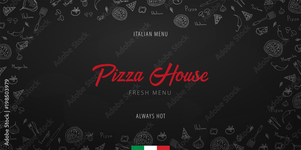 Pizza food menu for restaurant and cafe. Design banner with hand-drawn ...