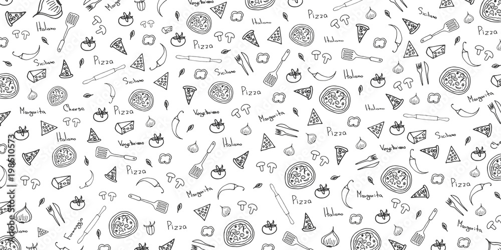 Pizza Pattern. Pizza Background in Doodle Style. Vector illustration ...