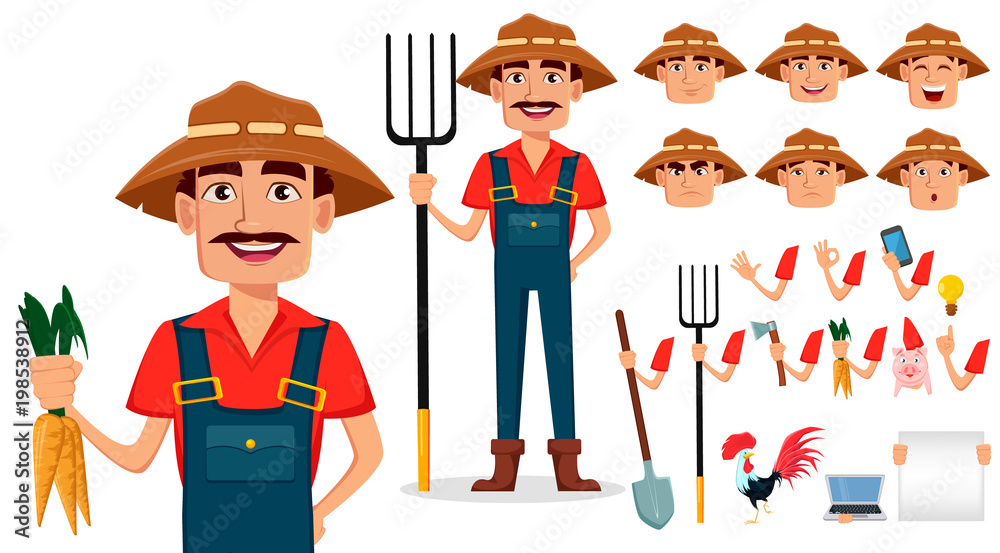 Farmer cartoon character creation set, pack of body parts and emotions ...