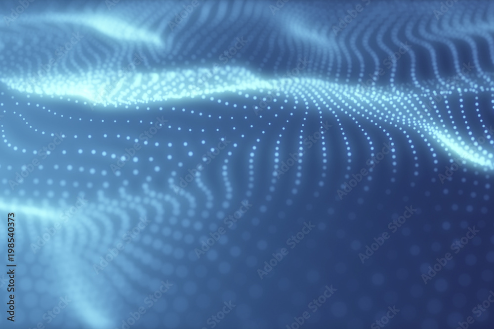 Abstract blue cg wave texture with glowing defocused particles. Cyber ...