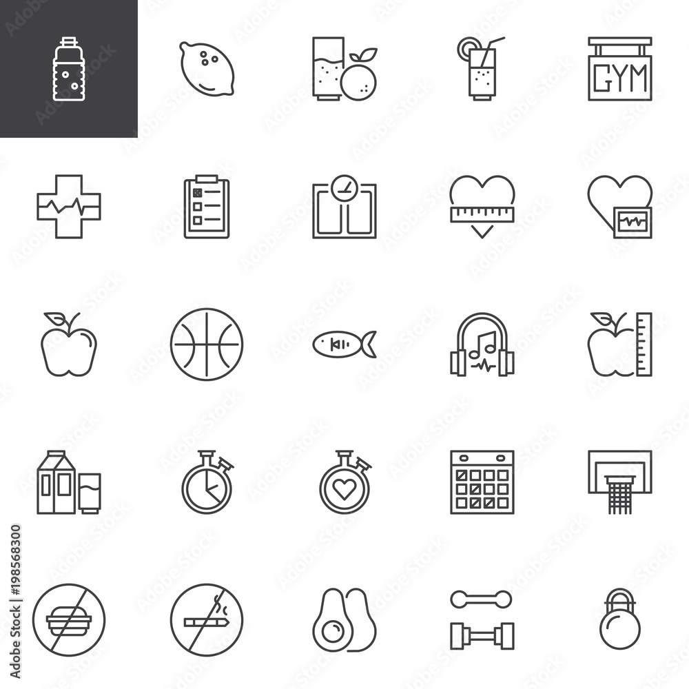 Healthy lifestyle outline icons set. linear style symbols collection ...