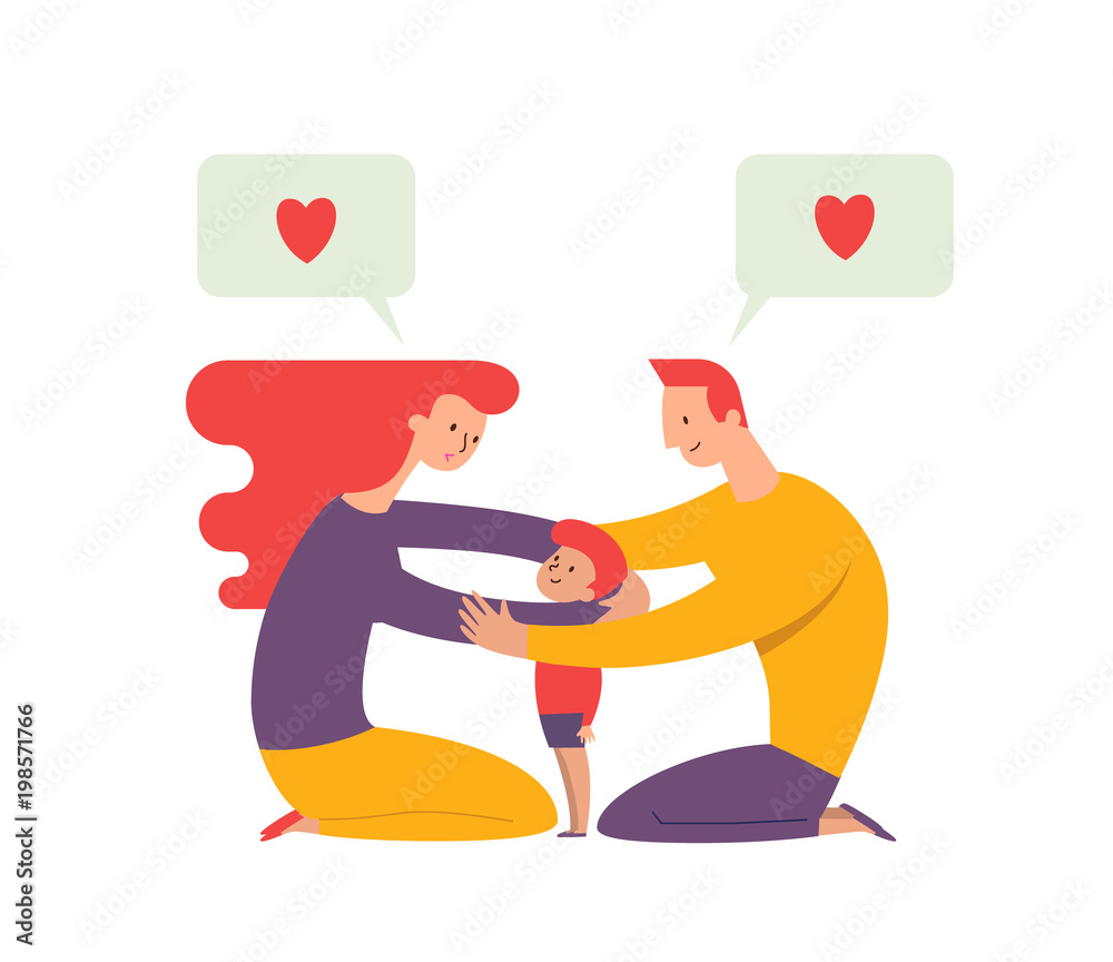 Parents hugging son. Mom and dad embracing their child and talking to ...