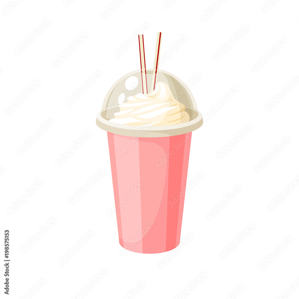 Plastic cup with lid and straw, full of milkshake. Vector illustration ...