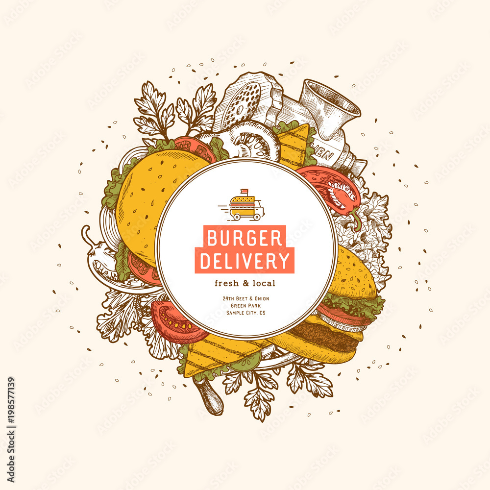 Hipster burger round design template. Snack collection. Menu template ...