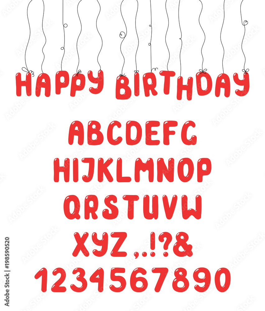 Hand drawn cute and bright roman alphabet with numbers, punctuation ...