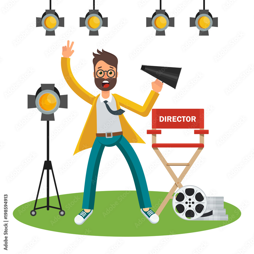Film director on the set. Videoproduction and filmmaking. Flat vector ...