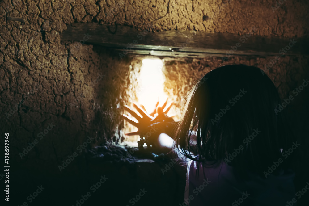 Girl's hands were tied with a rope, child bondage , violence, terrified ...