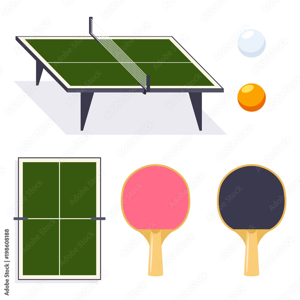 Ping pong table, paddle and ball vector cartoon flat icon set isolated ...
