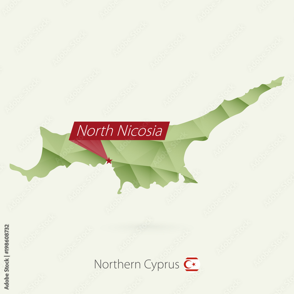 Green gradient low poly map of Northern Cyprus with capital North ...