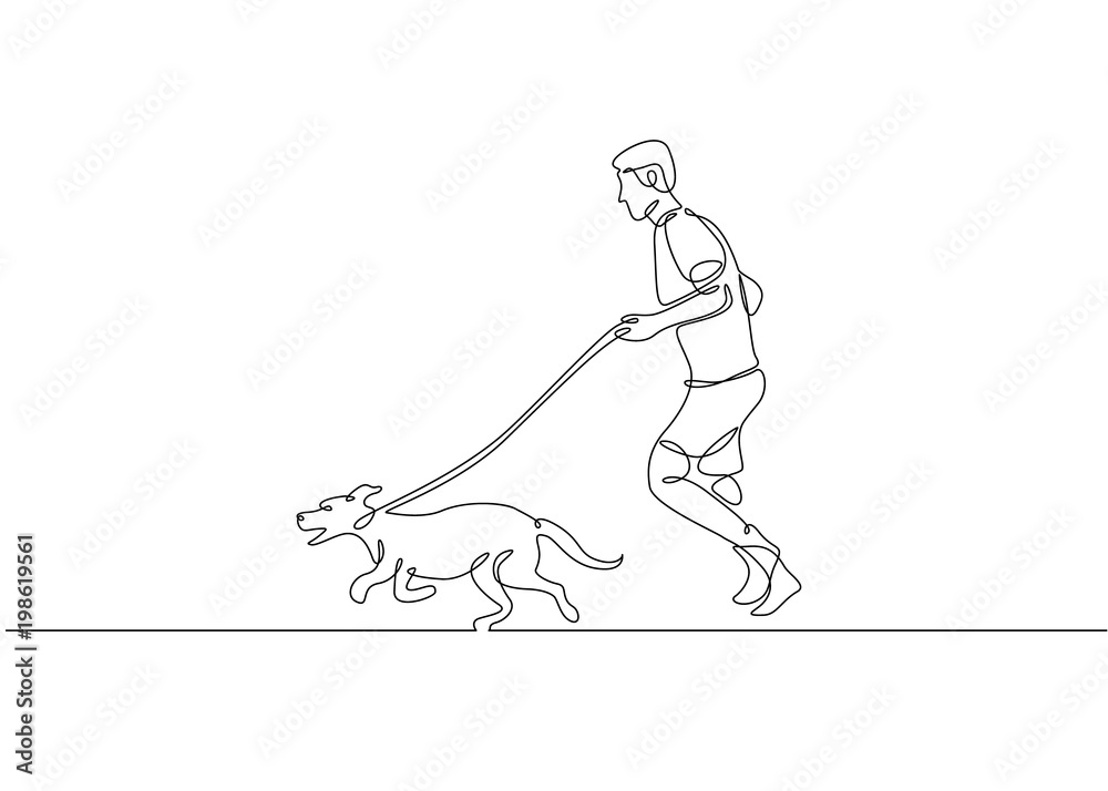 one line drawing of man running with dog Stock Vector | Adobe Stock