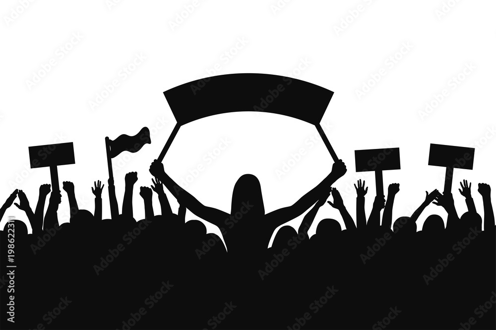 Crowd of protesters people. Silhouettes of people with banners and with ...