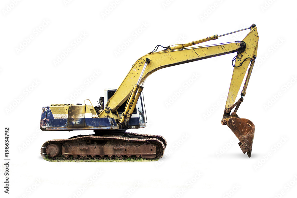 Side view of Tracked old excavator or backhoe at parked. isolated on ...