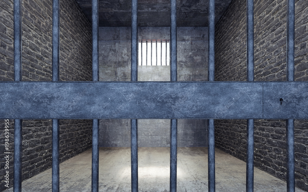 Prison cell with light shining through a barred window 3D Rendering ...