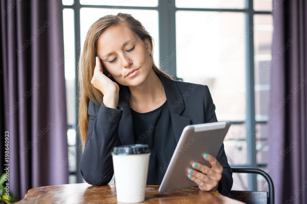 Closeup portrait of tired young beautiful business woman touching ...
