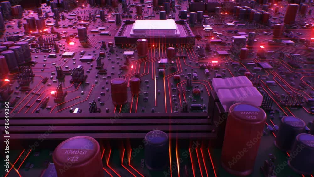 Flying Over the Circuit Board and Processors with Red Lights. Looped 3d ...