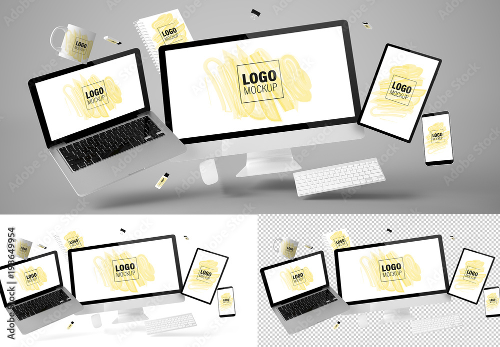 Floating Devices and Office Supplies Mockup Stock Template | Adobe Stock