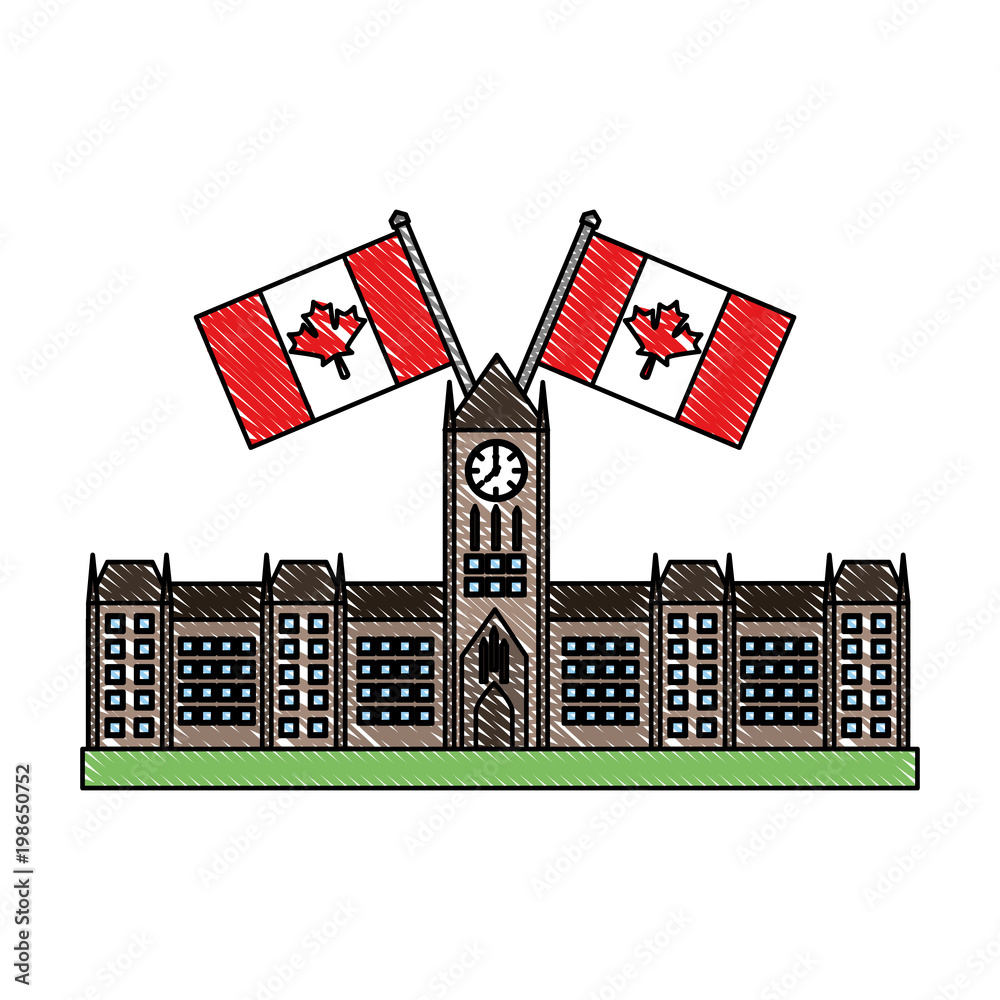 ottawa parliament monument canada with flags vector illustration ...
