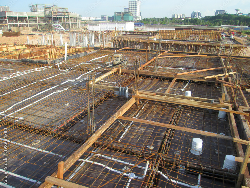 Steel reinforcement bar at the construction site to form steel ...