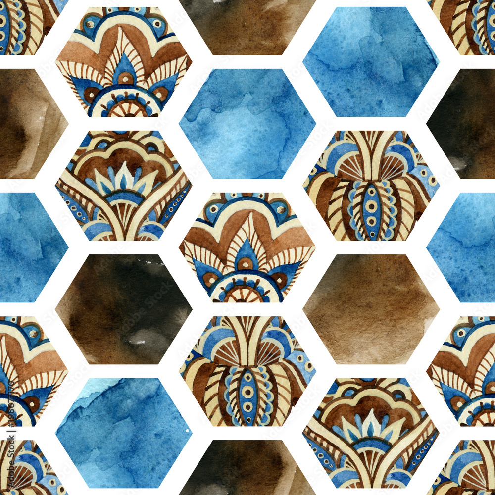 Watercolor hexagon with water color paper textures and paisley ornament ...