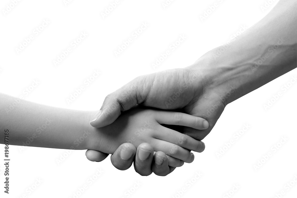 image black and white Hands of the elderly holding hand child on white ...