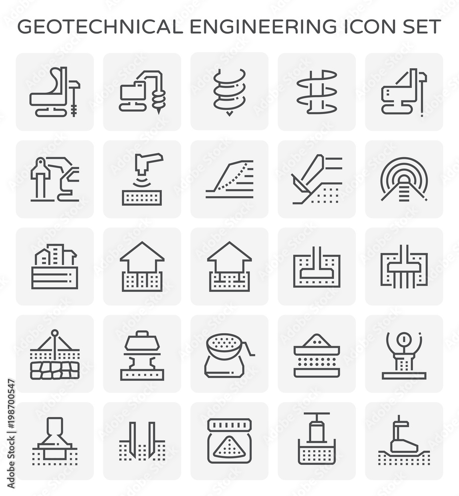 Geotechnical engineering, geotechnics and geology vector icon with ...