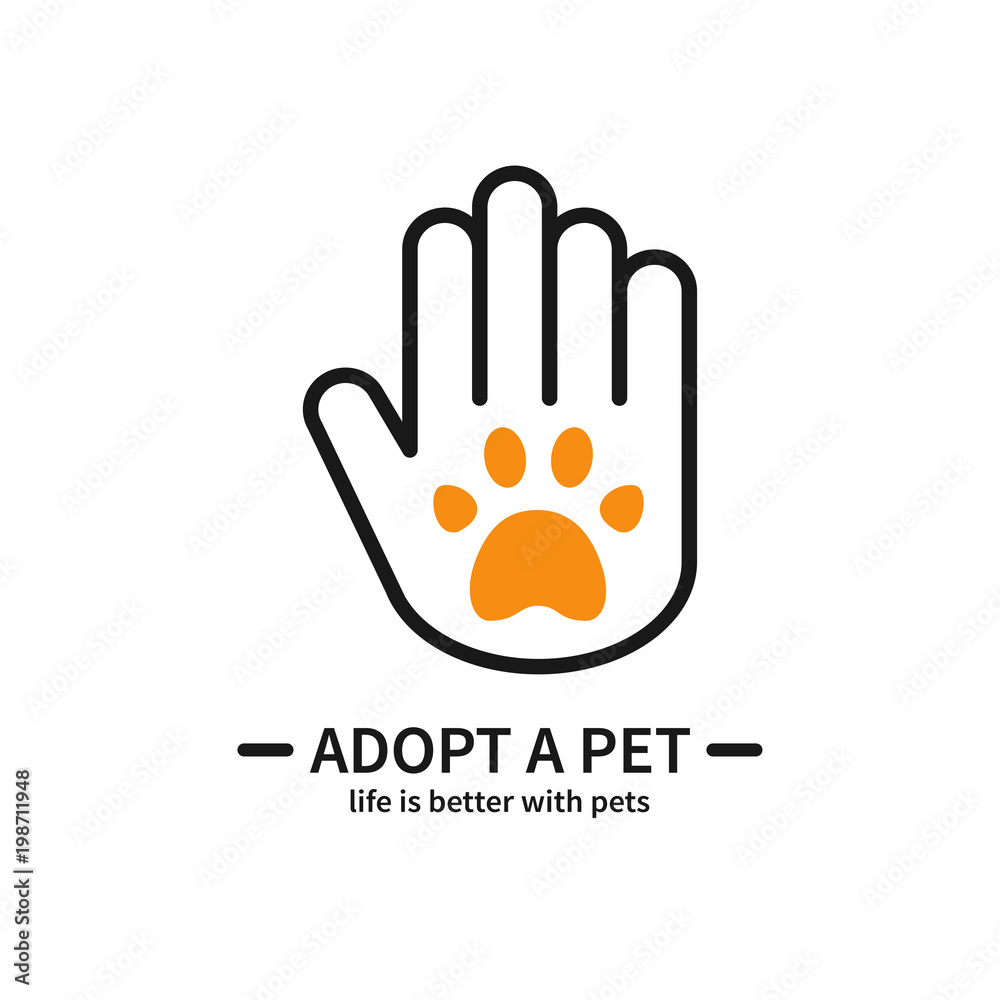 Adopt a Pet. Hand with Paw Line Icon. Volunteer Help Care Protection ...