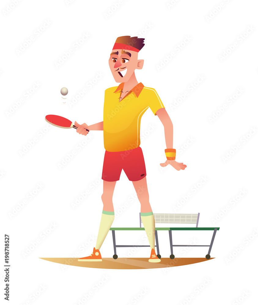 Funny table tennis player stands near a tennis table. Cartoon character ...