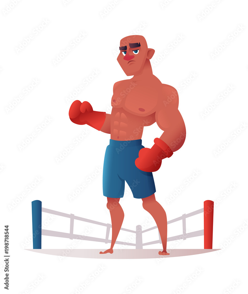 Serious strong and formidable standing on the boxing ring. Cartoon ...