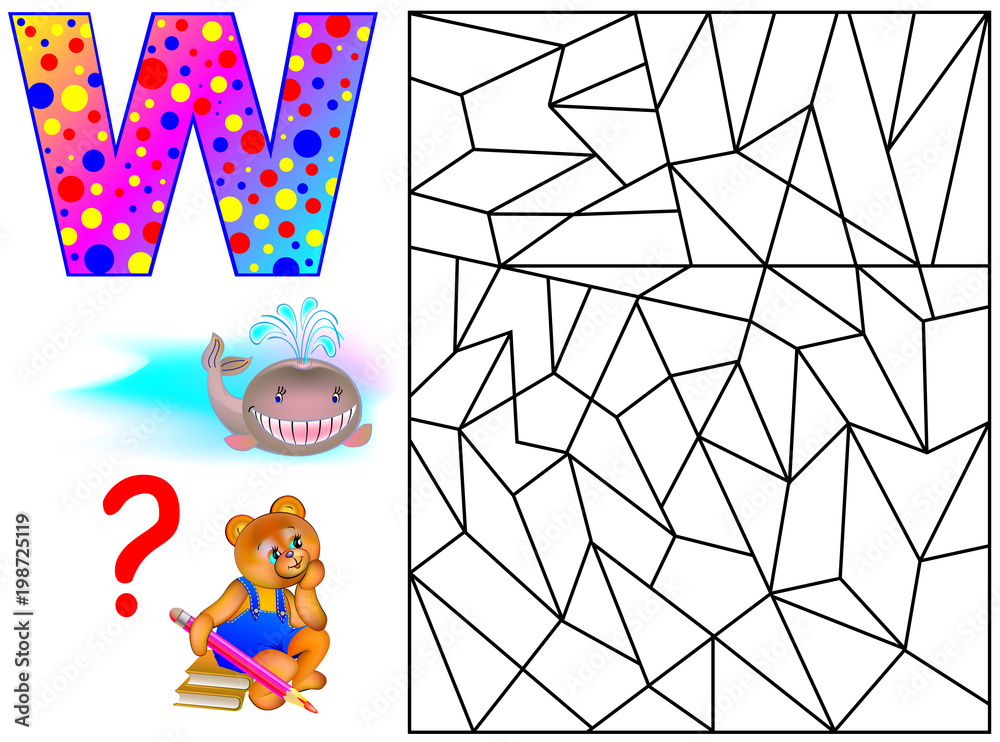 Educational page with letter W for study English letters. Logic puzzle ...