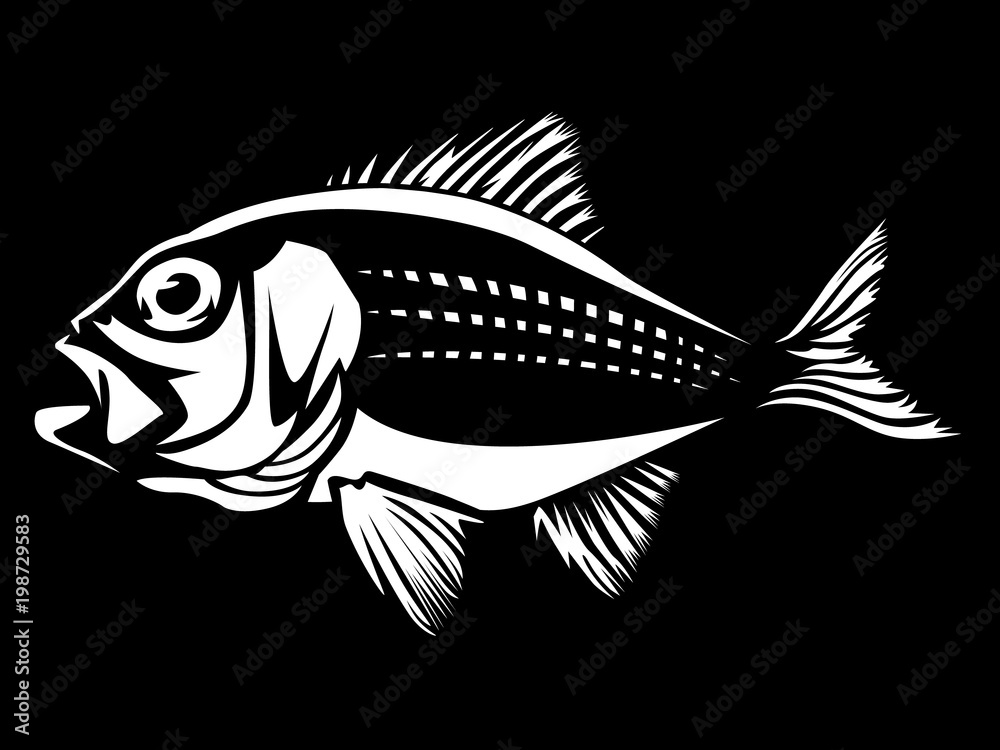 Red snapper with rods and ocean waves fishing logo isolated on white ...