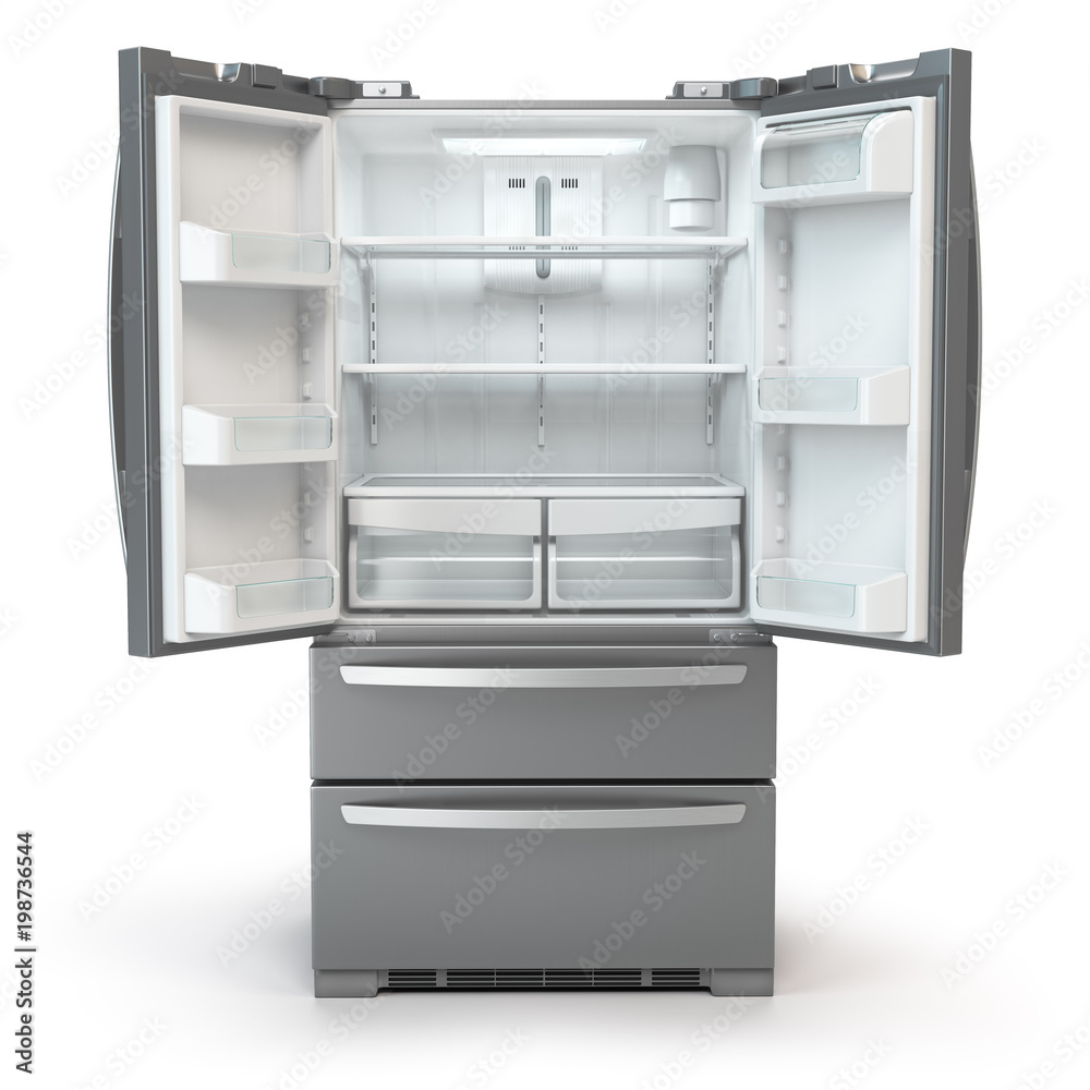 Open fridge freezer. Side by side stainless steel srefrigerator ...